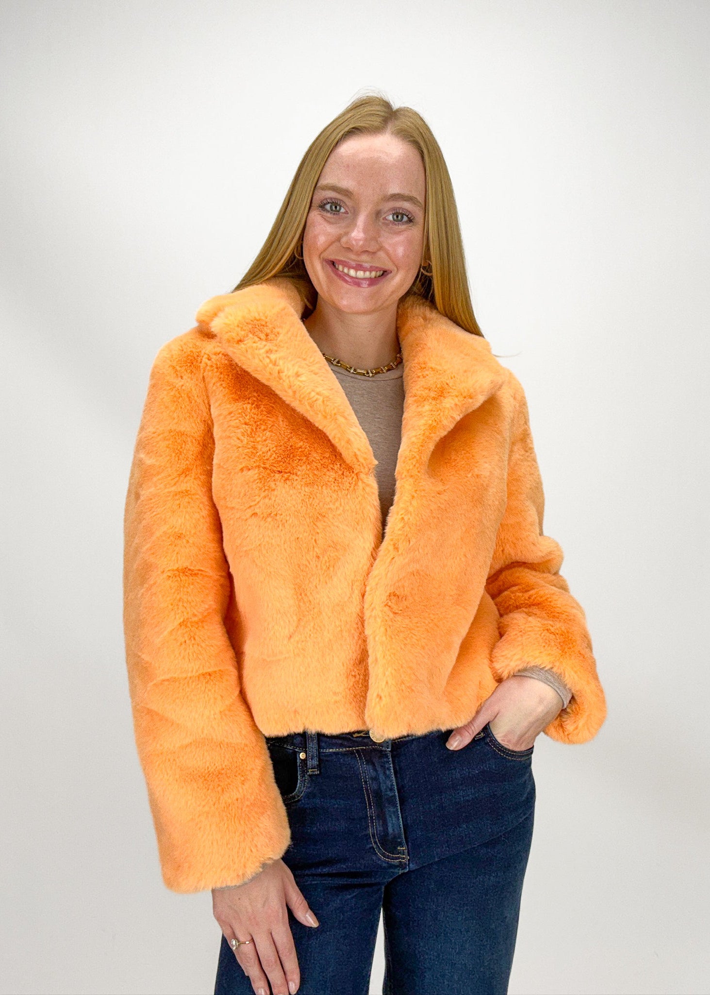 Women's Tangerine Faux Fur Jacket – June & Beyond Boutique