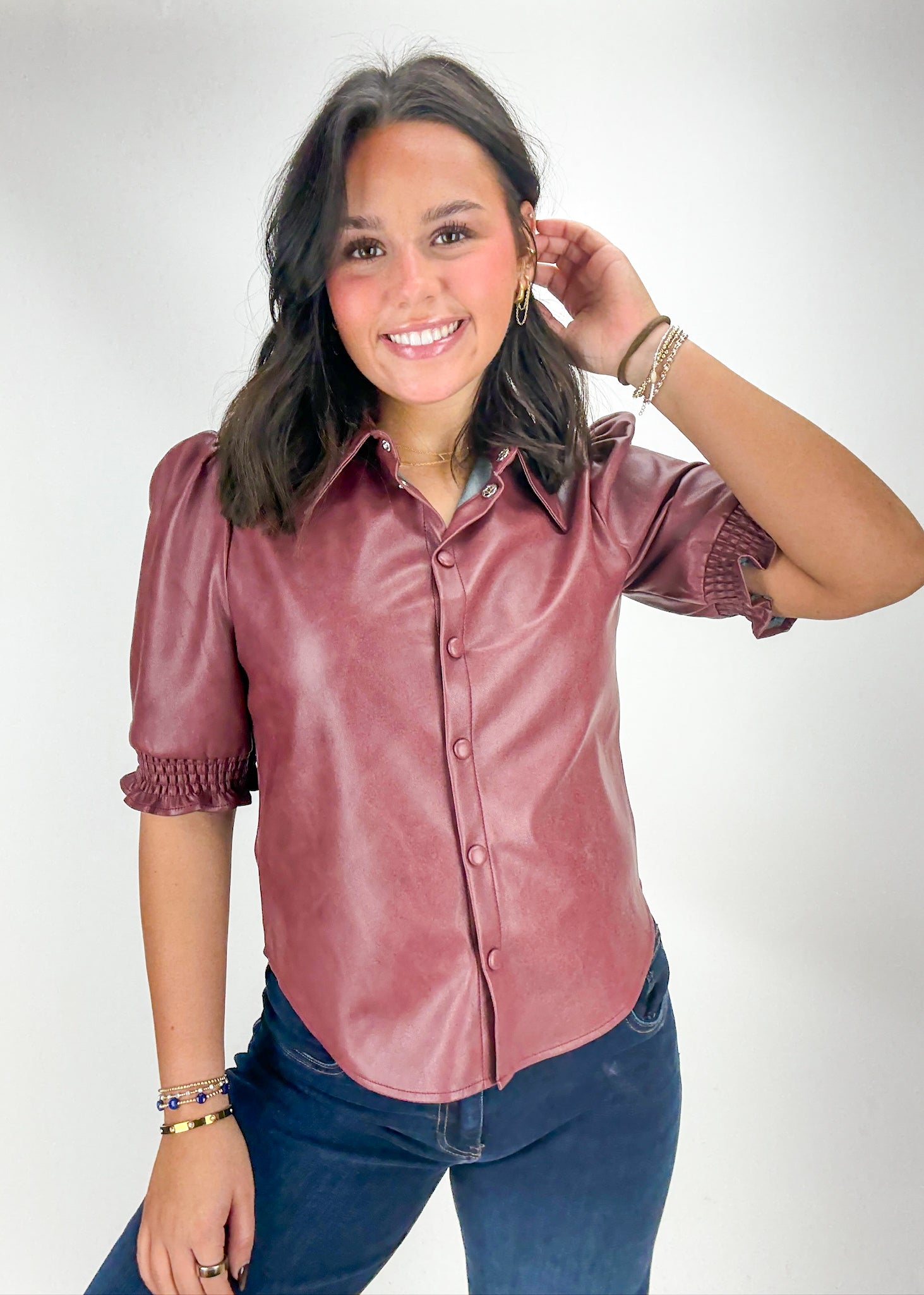 Women's Mauve Faux Leather Top – June & Beyond Boutique
